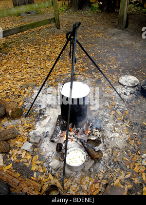 A boiling cooking pot over an open fire, Plimouth Plantation, Plymouth ...