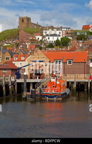 Whitby, Yorkshire, England, RNLI rescue boat docked in harbour waiting ...