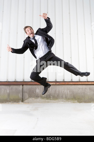 Full body photo of energetic cheerful girl jump have good mood rejoice ...