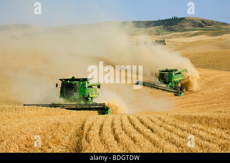 Two combines harvest Soft White wheat on rolling hillside terrain while ...