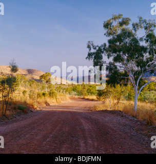 An unsealed rural road with blue sky and clouds in outback Queensland ...