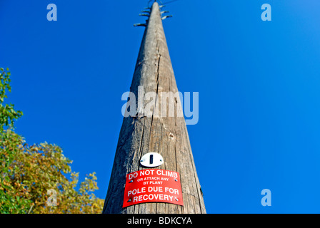 british wooden telegraph pole with do not climb sign and pole due for ...