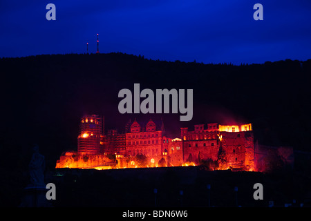 Reenactment historic landmark burning of Heidelberg Castle, fireworks ...