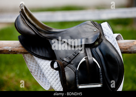 Black leather dressage saddle isolated on white background Stock Photo ...