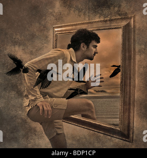 bird escaping through a surreal window held by a woman, concept of ...