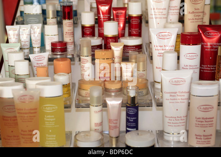 Clarins Cosmetics counter in a store Stock Photo - Alamy
