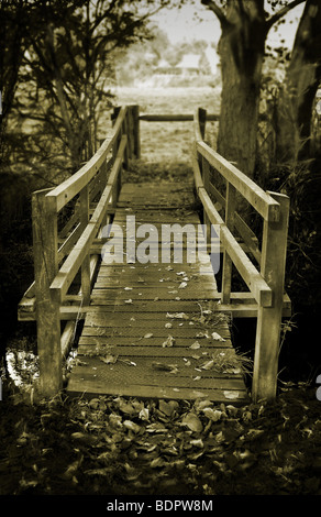 A wooden bridge crosses a peaceful tree-lined river from the mainland ...