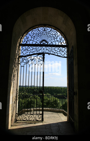 wrought iron on terrace over green lake coast of Como lake , shot in ...