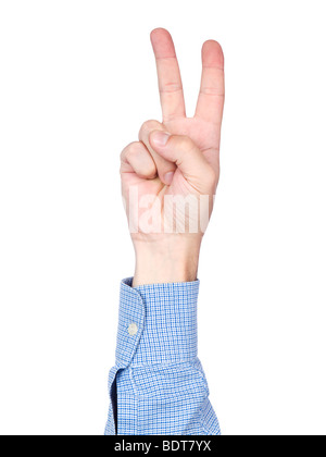 A man's hand doing number 2 gesture, isolated on white background Stock ...