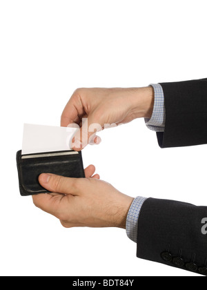Male hands taking credit card from wallet at table, top view Stock ...