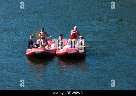 People on a float trip down the Delaware River. Raft, float, rubber ...