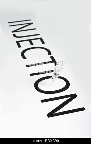 Graphic representation of the word INJECTION with hypodermic syringe ...