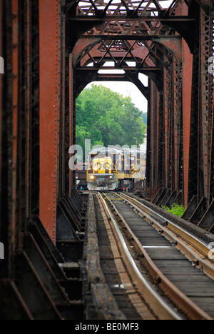 railroad Train engines on Trestle bridge tracks Stock Photo - Alamy