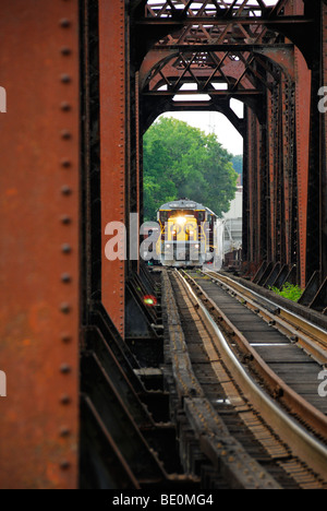 railroad Train engines on Trestle bridge tracks Stock Photo - Alamy