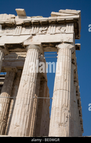 Detail of columns and frieze of the Parthenon at Acropolis in Athens ...