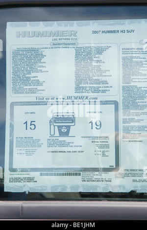 A close up of a fuel economy window sticker on a new 2007 Hummer H3 ...