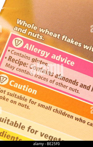 Food allergy product packaging contents label with advice warning on ...