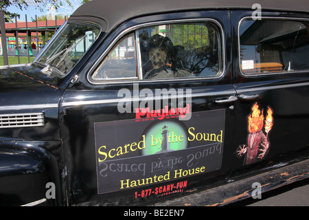 Skeleton in hearse at halloween Stock Photo - Alamy