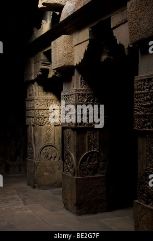 Hindu temple columns lightened by beam of light, Badami, Karnataka ...