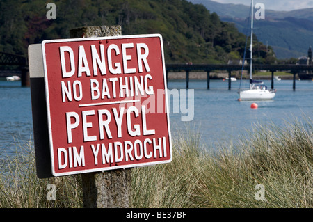 Warning sign for swimmers, Mawddach estuary, Barmouth, Hwynedd, North ...
