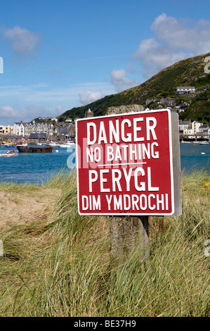 Warning sign for swimmers, Mawddach estuary, Barmouth, Hwynedd, North ...