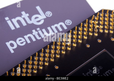 A close up of an Intel Pentium processor from a PC showing the ...