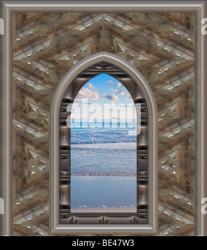 gothic or science fiction window looking onto a beautiful beach Stock ...