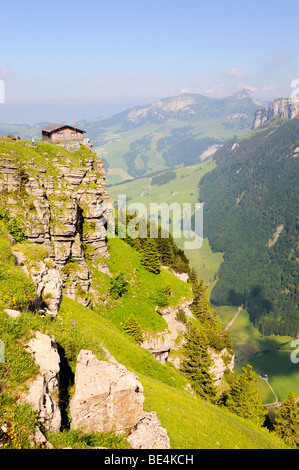 mountain range of Alpstein mountain massif in the evening fog Stock ...