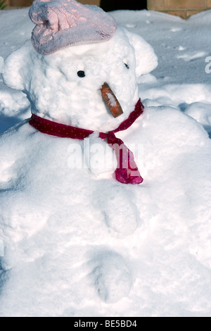 Snow-covered snowman with a red scarf holds a green branch smiling ...