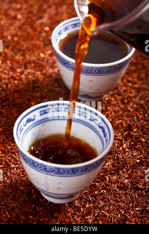 Still life with black tea poured into glass. with steam. Process ...