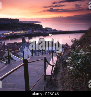 View to Whitby Harbour at sunset from the 199 steps leading from The ...