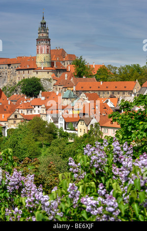 Panoramic view of Czech Krumlov with castle and small buildings Stock ...