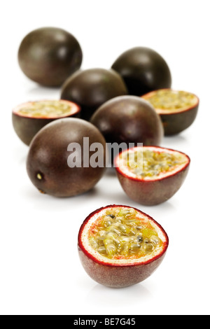 Close-up of a split passion fruit (passionfruit, purple granadilla ...