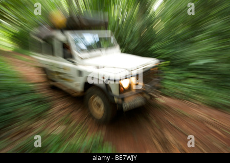Land Rover Defender in the Budongo Forest Reserve in Uganda Stock Photo ...