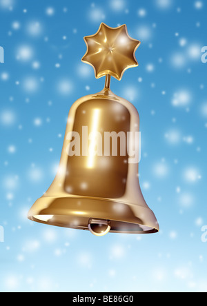 Christmas tree in snow with golden snowflakes on light blue background ...