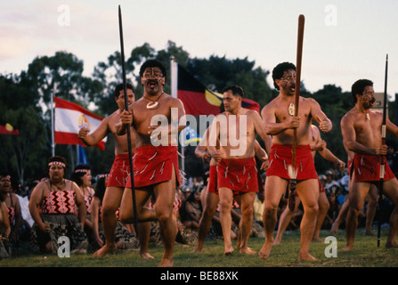 A New Zealand Maori indigenous men in native costume performs the kapa ...