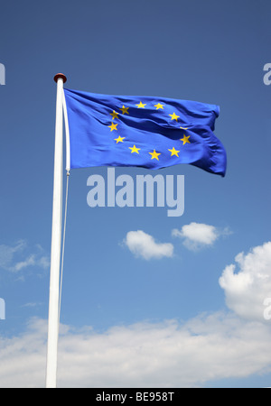 European Union Flag with yellow stars fluttering in the wind Stock ...