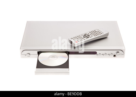 DVD player ejecting disc with remote control isolated on white ...