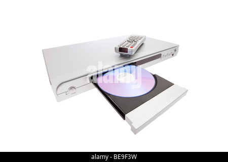 DVD player ejecting disc with remote control isolated on white ...