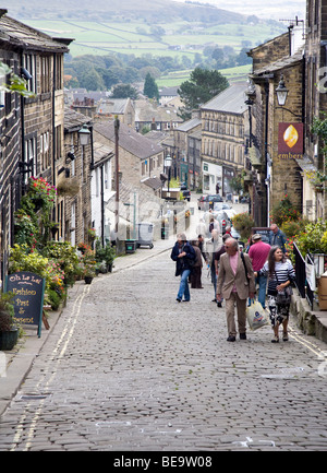 Haworth Main Street (steep hill, old buildings, blue hour evening light ...