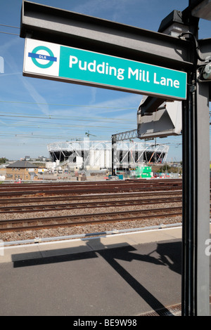 Dual view of platform sign at Pudding Mill Lane DLR railway station ...