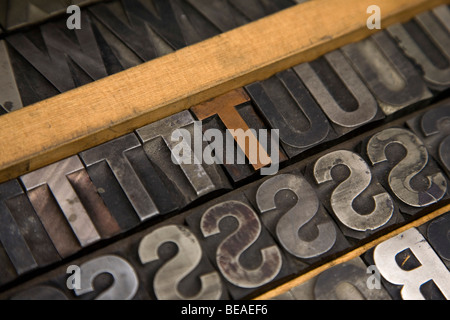 Close-up of metal letterpress letters in printing machinecolor image ...