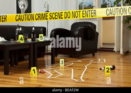 Crime scene with chalk outline of human body, blood, bullet shells and ...