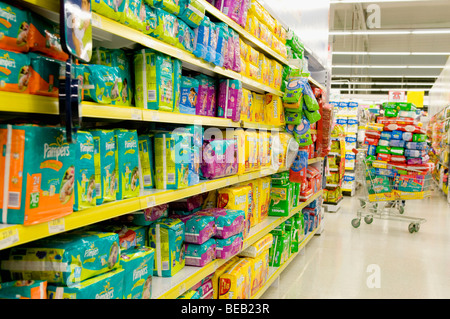 Products on shelves. Shelving racks on an aisle in a cash and carry ...