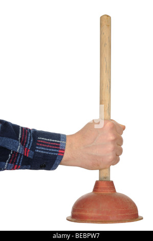 Hand holding sink plunger isolated on white background Stock Photo - Alamy