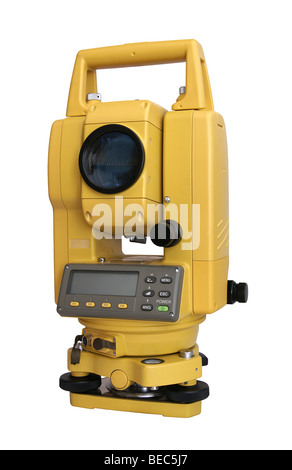 Geodetic measuring instrument total station isolated over white ...