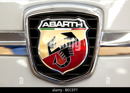 Italian car brands Fiat and Abarth, logos on a column, company logo ...