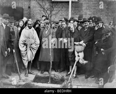 Mahatma Gandhi planting a tree outside Kingsley Hall, Bow, London, 1931 ...