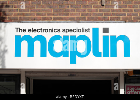 The logo and branding sign outside a Maplins Electronics shop in Harrow ...