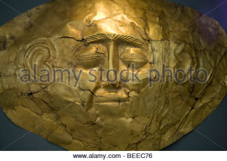 Ancient Greek Mycenaean funeral mask, "Mask of Agamemnon Stock Photo ...